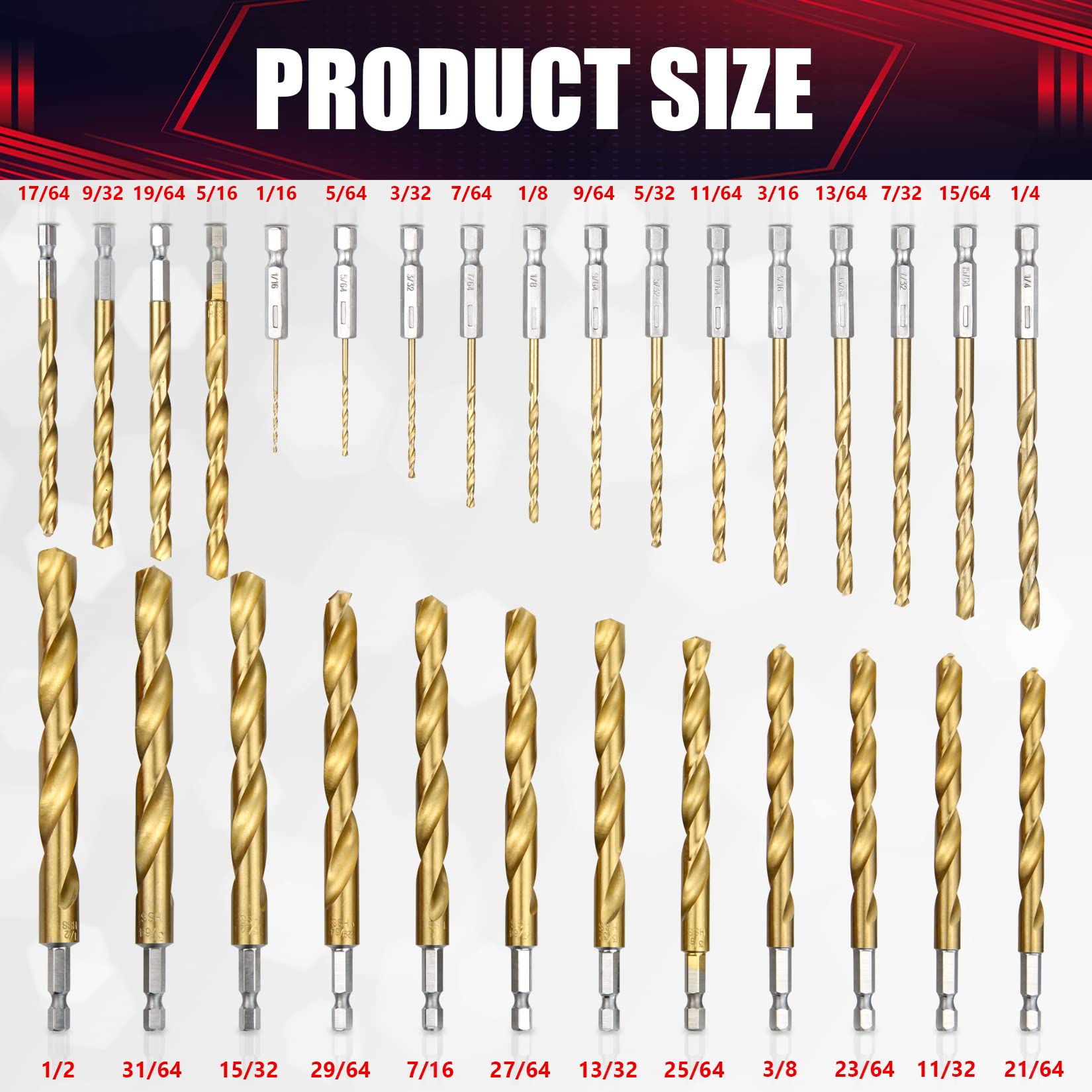 wesleydrill 30 Pcs Impact Twist Drill Bit Set，1/16"-1/2" Hex Shank Hss Titanium Drill Bits，Fit for Metal/Wood/Plastic Sink