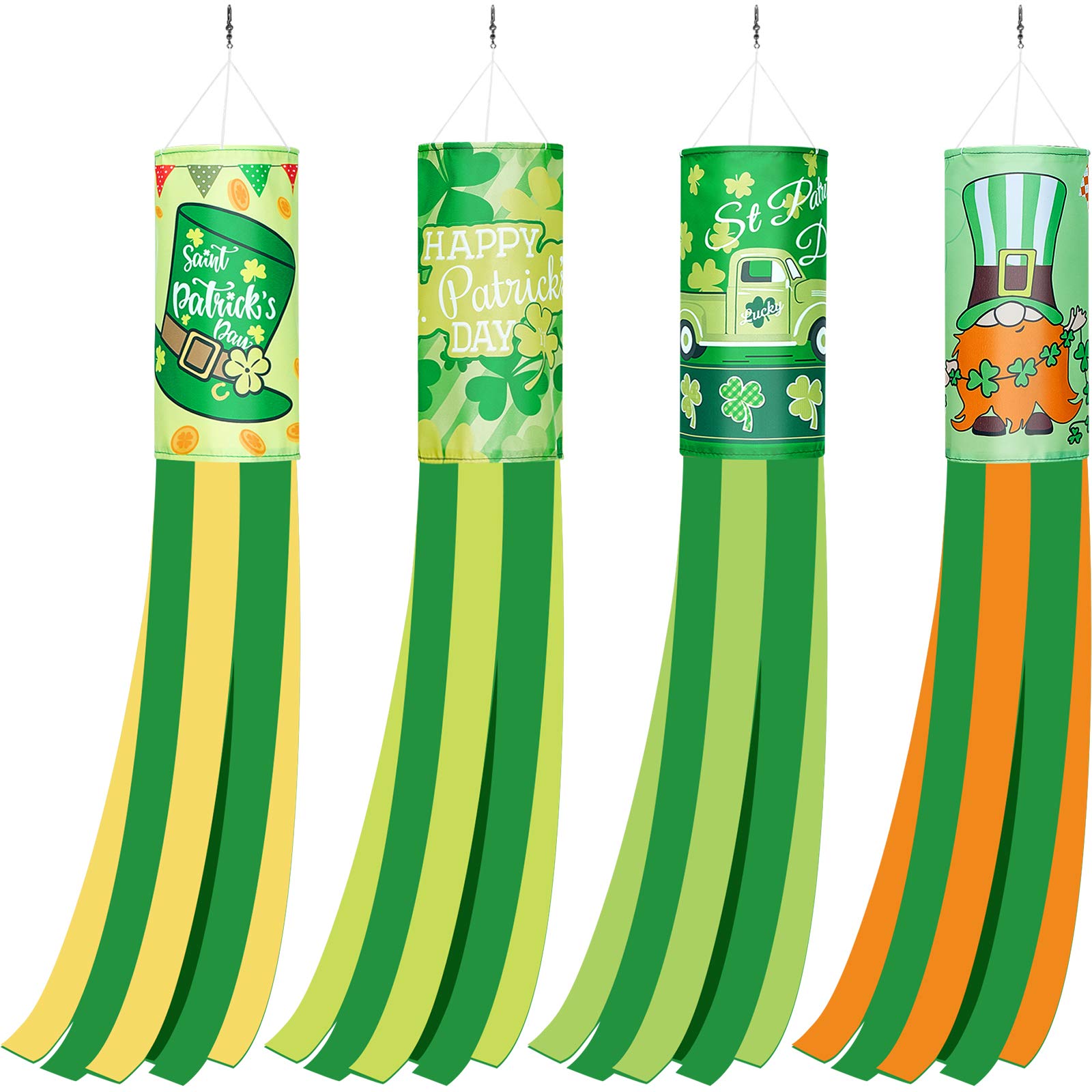 4 Pieces St. Patrick's Day Windsock Shamrock Windsock Flag Irish Green Truck Pattern Design Windsock Outdoor Hanging Decoration for St. Patrick's Day Backyard Garden Balcony Decor, 35 Inch