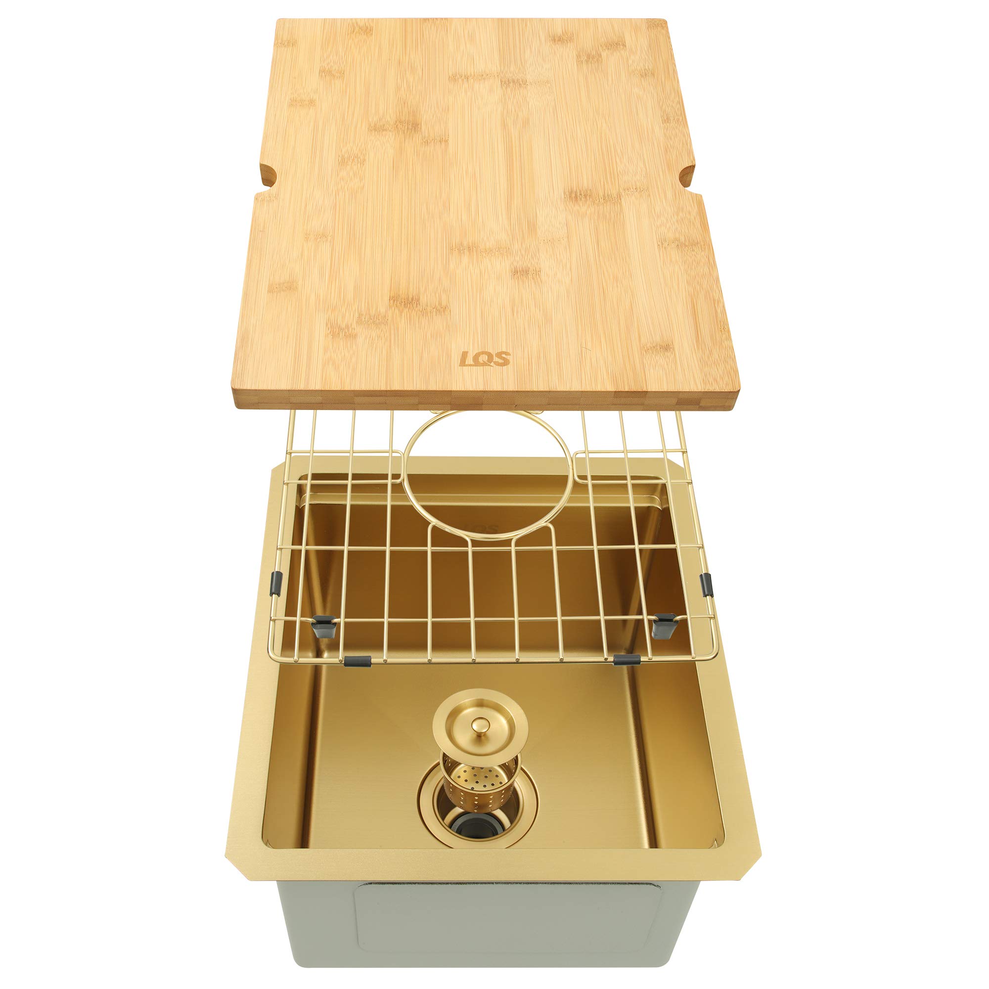 LQS Bar Sink, Gold Undermount Bar Sink, RV Sink, Stainless Steel Bar Sink 15" x 17", 16 Gauge Workstation Sink, Small Single Bowl Kitchen Sink with Cutting Board, Sink Protectors and Accessories