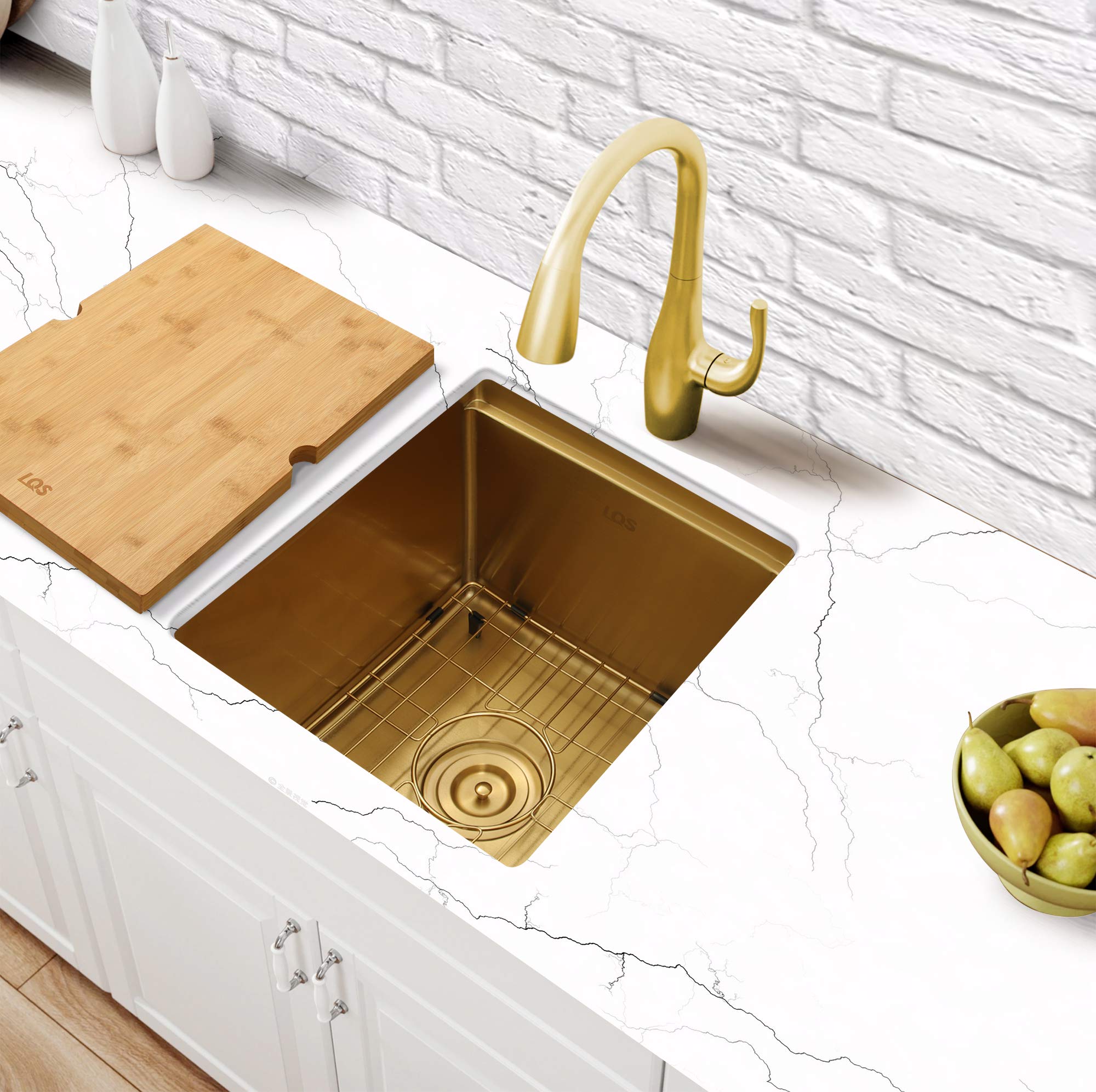 LQS Bar Sink, Gold Undermount Bar Sink, RV Sink, Stainless Steel Bar Sink 15" x 17", 16 Gauge Workstation Sink, Small Single Bowl Kitchen Sink with Cutting Board, Sink Protectors and Accessories