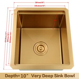 LQS Bar Sink, Gold Undermount Bar Sink, RV Sink, Stainless Steel Bar Sink 15" x 17", 16 Gauge Workstation Sink, Small Single Bowl Kitchen Sink with Cutting Board, Sink Protectors and Accessories