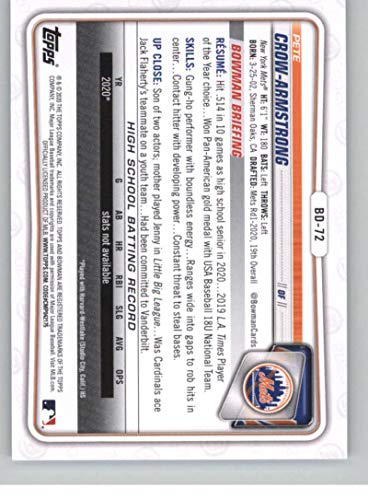 2020 Bowman Draft Paper #BD-72 Pete Crow-Armstrong New York Mets First Bowman RC Rookie Official MLB Baseball Trading Card From The Topps Company in Raw (NM Near Mint or Better) Condition