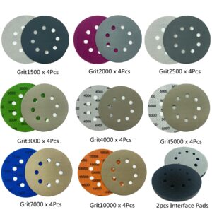 32pcs Sandpaper 8 Hole 5 inch Sanding Discs Hook and Loop 1500-10000 Grits Wet Dry Sandpaper with 2pcs Interface Pads for Random Orbital Sander Automotive Metal Polishing