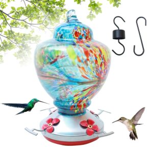 cjjccf hummingbird feeder for outdoors glass bird feeders easy to clean&filling bird feeder best with color hand blown glass leakproof 32 ounces blue hummingbird feeders hanging hook&ant moat