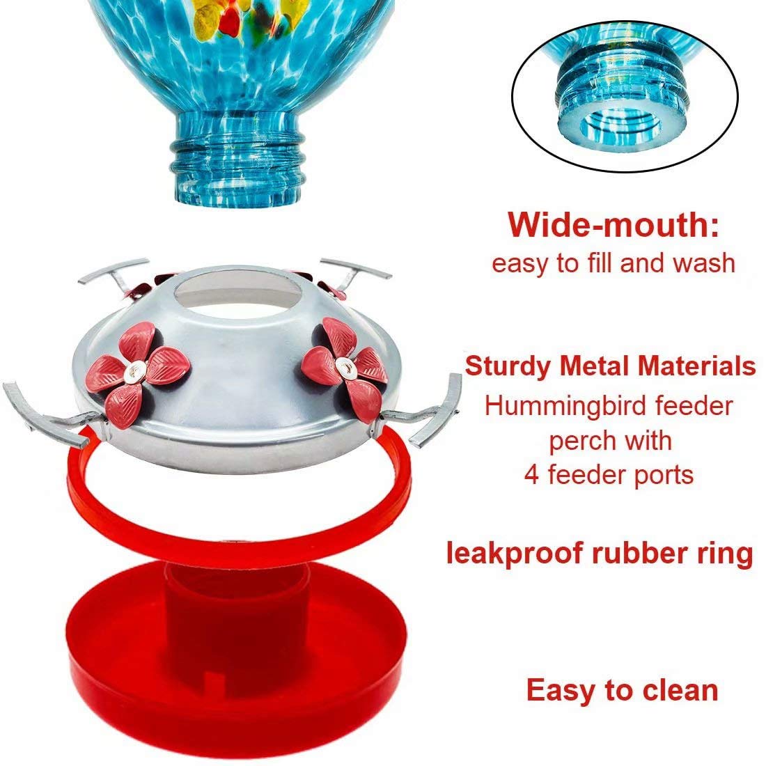 CJJCCF Hummingbird Feeder for Outdoors Glass Bird Feeders Easy to Clean&Filling Bird Feeder Best with Color Hand Blown Glass Leakproof 32 Ounces Blue Hummingbird Feeders Hanging Hook&Ant Moat