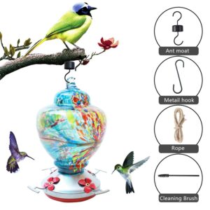 CJJCCF Hummingbird Feeder for Outdoors Glass Bird Feeders Easy to Clean&Filling Bird Feeder Best with Color Hand Blown Glass Leakproof 32 Ounces Blue Hummingbird Feeders Hanging Hook&Ant Moat