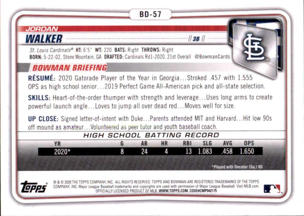 2020 Bowman Draft #BD-57 Jordan Walker St. Louis Cardinals Baseball Card