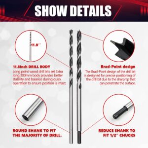 wesleydrill 7 Pcs Extra Long Brad Point Drill Bit Set,12" 300mm Carbon Steel Wood Drill Bits Set,Fit for Bench Hand and Conventional Electric Drill