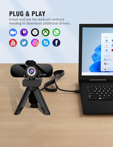 Full HD Webcam with Built-in Microphone and Rotatable Tripod, 1080P Video and Wide Angle Camera, Privacy Cover, for Desktop PC or Laptop Computer (Webcam with USB Cable)