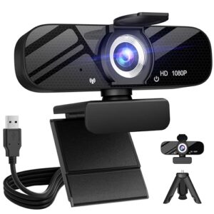 full hd webcam with built-in microphone and rotatable tripod, 1080p video and wide angle camera, privacy cover, for desktop pc or laptop computer (webcam with usb cable)