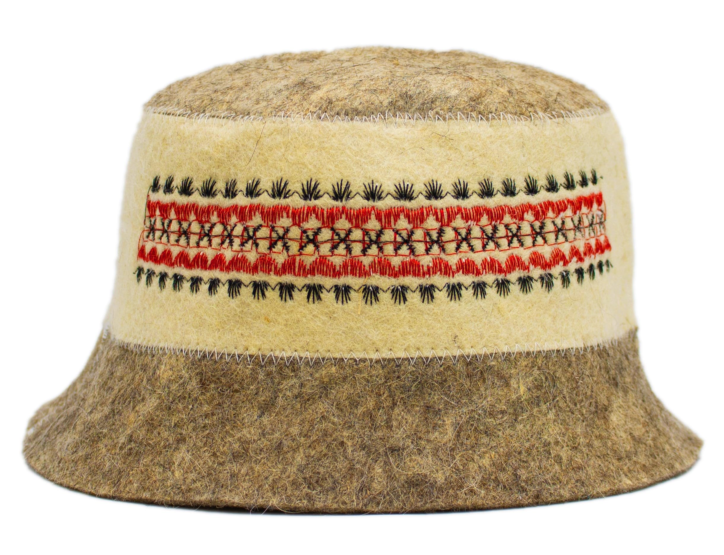 SHSH trade group Ukrainian Wool Sauna Hat Embroidered Ornament Vyshyvanka - Sauna Hat Finnish Ukraine Sauna Hat Wool Russian Banya Sauna Hat for Men Sauna Hats Beige and Gray