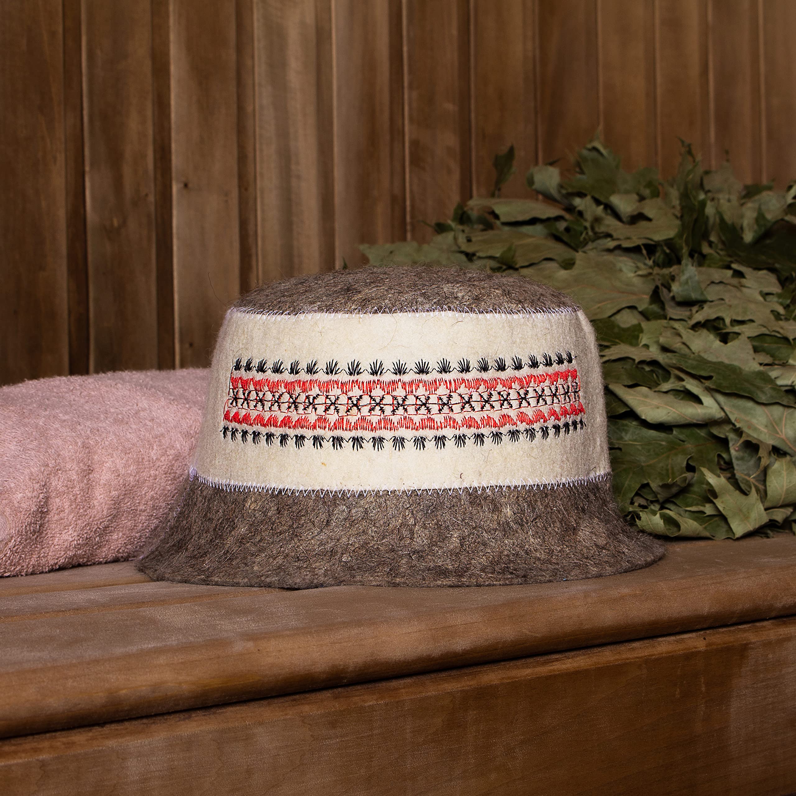 SHSH trade group Ukrainian Wool Sauna Hat Embroidered Ornament Vyshyvanka - Sauna Hat Finnish Ukraine Sauna Hat Wool Russian Banya Sauna Hat for Men Sauna Hats Beige and Gray