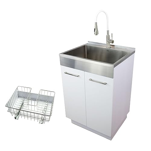 Transolid TCAB-2420-WSW 24-in All-in-One Laundry Cabinet Sink, Stainless Steel High Arc Faucet, and Basket, White