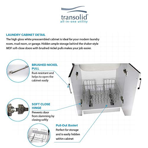 Transolid TCAB-2420-WSW 24-in All-in-One Laundry Cabinet Sink, Stainless Steel High Arc Faucet, and Basket, White