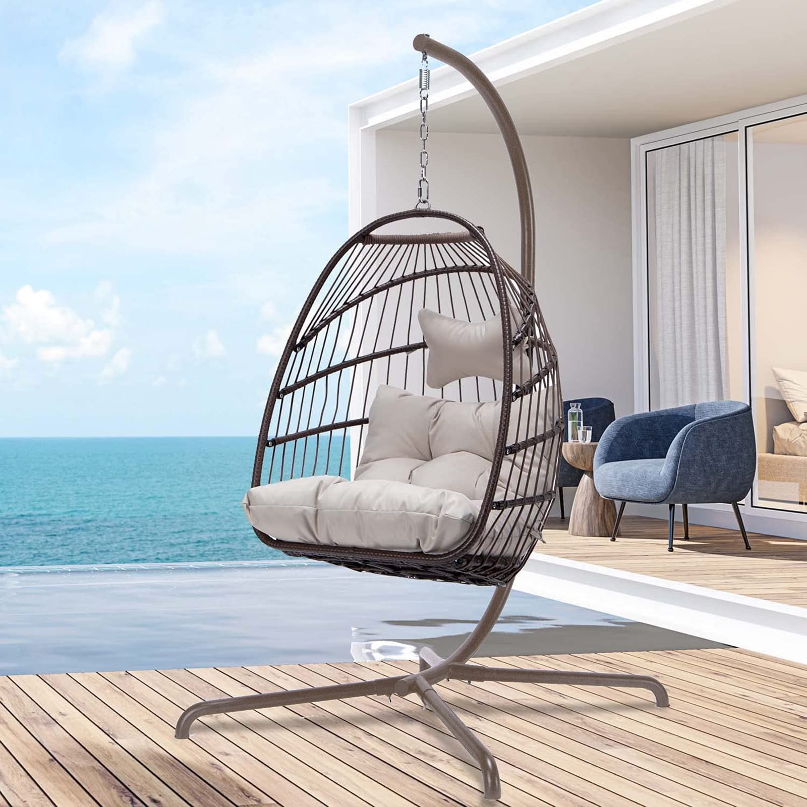 Bulexyard Swing Egg Chair with Stand Indoor Outdoor Wicker Rattan Patio Basket Hanging Chair with UV Resistant Cushions 350lbs Capacity for Bedroom Balcony Patio (Brown)