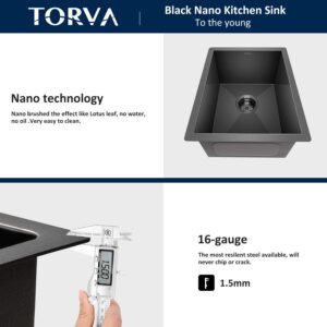 Bar Sink, TORVA 14 x 18 Inch Undermount Kitchen Sink, Gloss Black Ceramic Coating with NanoTek Undermount Sink and Black Pull Down Kitchen Faucets