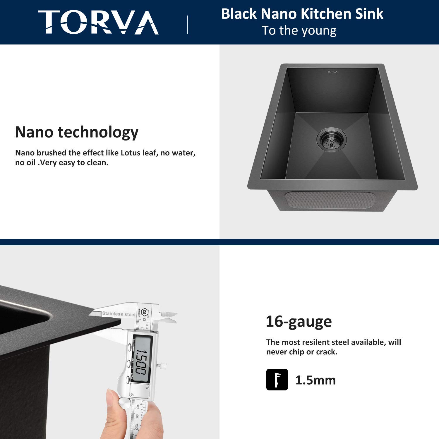 Bar Sink, TORVA 14 x 18 Inch Undermount Kitchen Sink, Gloss Black Ceramic Coating with NanoTek Undermount Sink and Black Pull Down Kitchen Faucets