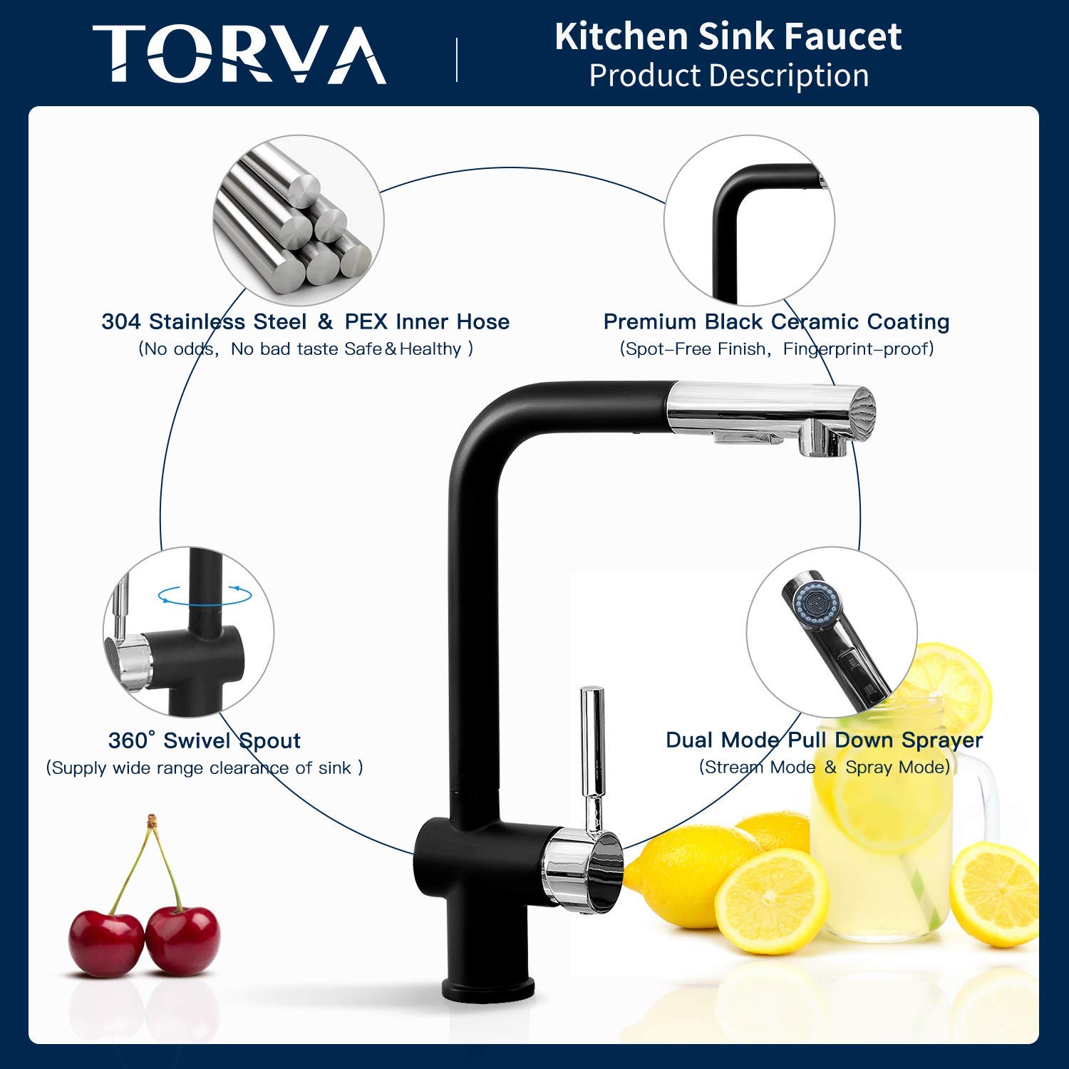 Bar Sink, TORVA 14 x 18 Inch Undermount Kitchen Sink, Gloss Black Ceramic Coating with NanoTek Undermount Sink and Black Pull Down Kitchen Faucets