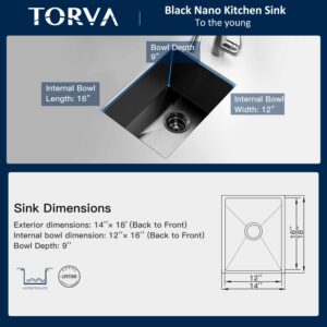 Bar Sink, TORVA 14 x 18 Inch Undermount Kitchen Sink, Gloss Black Ceramic Coating with NanoTek Undermount Sink and Black Pull Down Kitchen Faucets