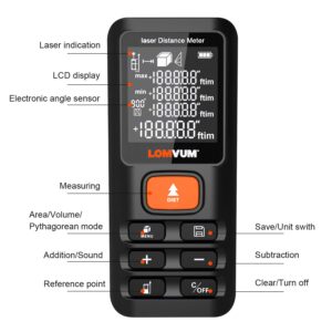 Laser Measure 393ft, LOMVUM Laser Distance Meter 120M, Portable Handle Digital Measure Tool Range Finder with Backlit LCD, Electronic Angle Sensor, Pythagorean Mode, Measure Distance, Area & Volume