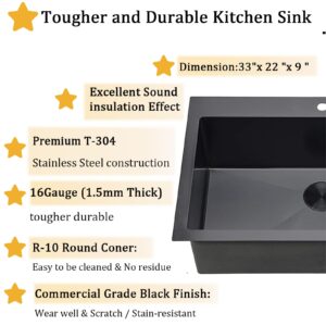 VCCUCINE Black Drop in Kitchen Sink, 33 x 22 Inch Modern Square Single Bowl Stainless Steel Basin Topmount Kitchen Sink, 16 Gauge Metal Laundry Sink with Strainer