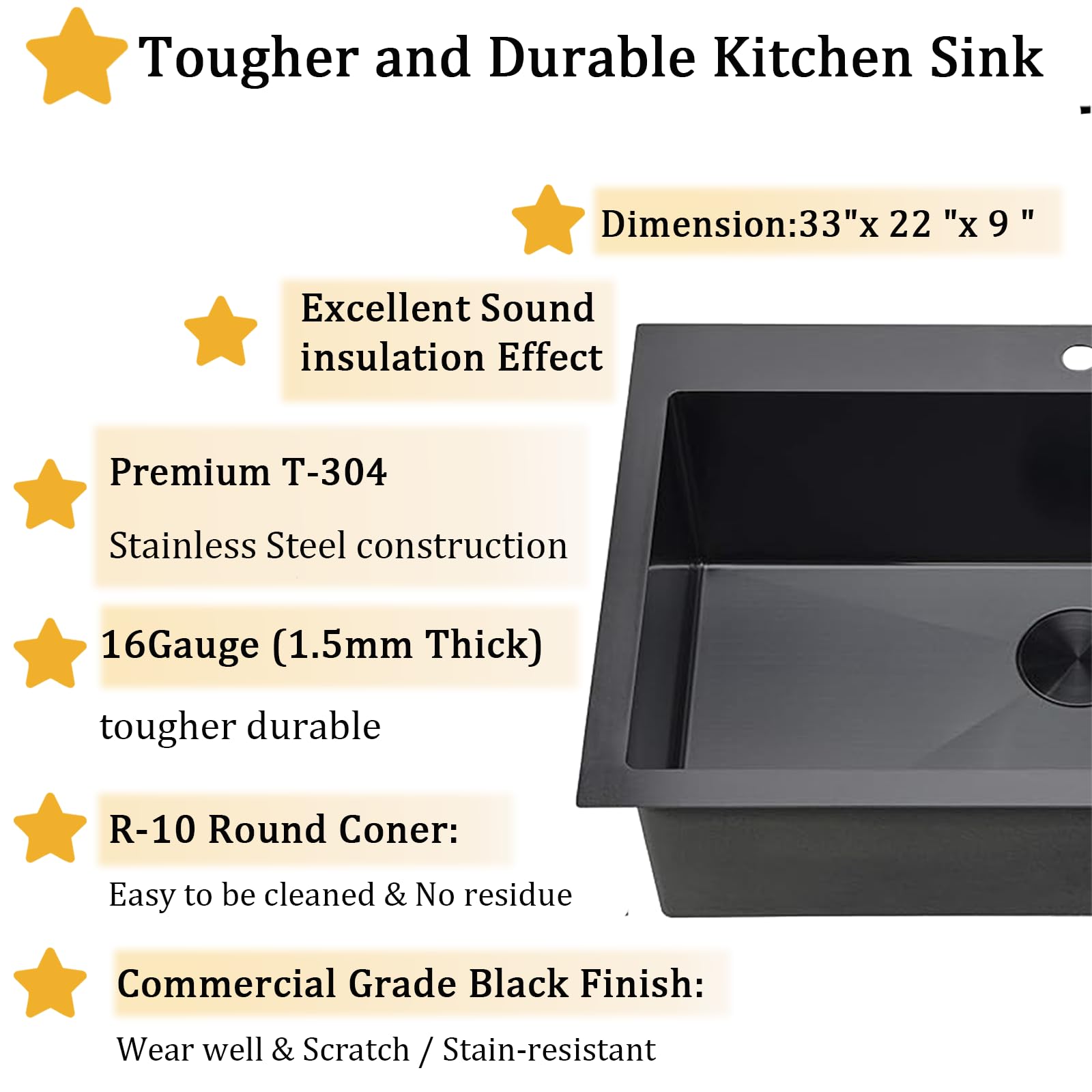 VCCUCINE Black Drop in Kitchen Sink, 33 x 22 Inch Modern Square Single Bowl Stainless Steel Basin Topmount Kitchen Sink, 16 Gauge Metal Laundry Sink with Strainer