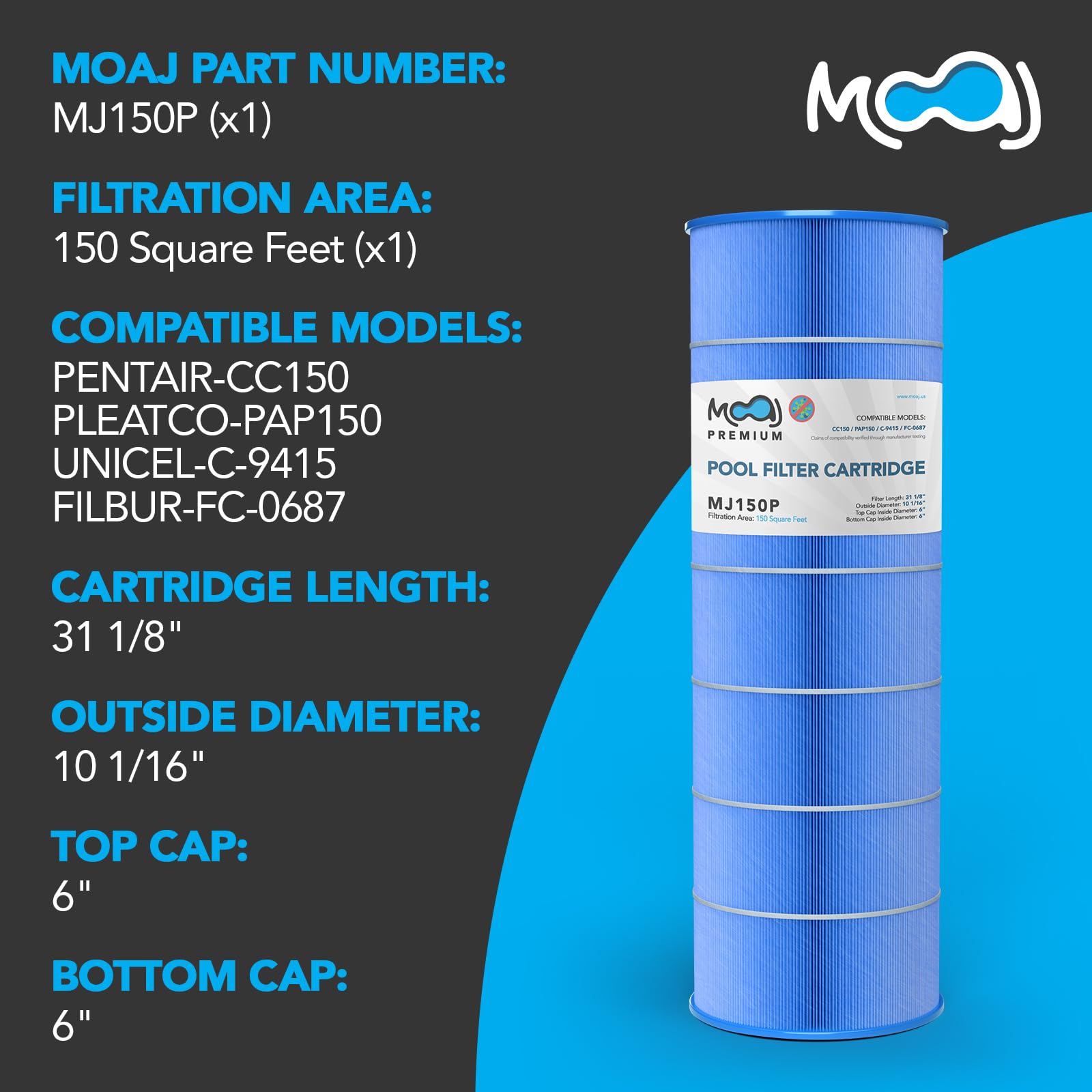 MOAJ Premium Pool Filter Replaces Pentair CC150, Clean and Clear 150, CCRP150, R173216, 160317, 160355, Predator 150, PAP150, Filbur FC-0687, C-9415 | 31 1/8" x 10 1/16" | Asepsis-Infused Filtration