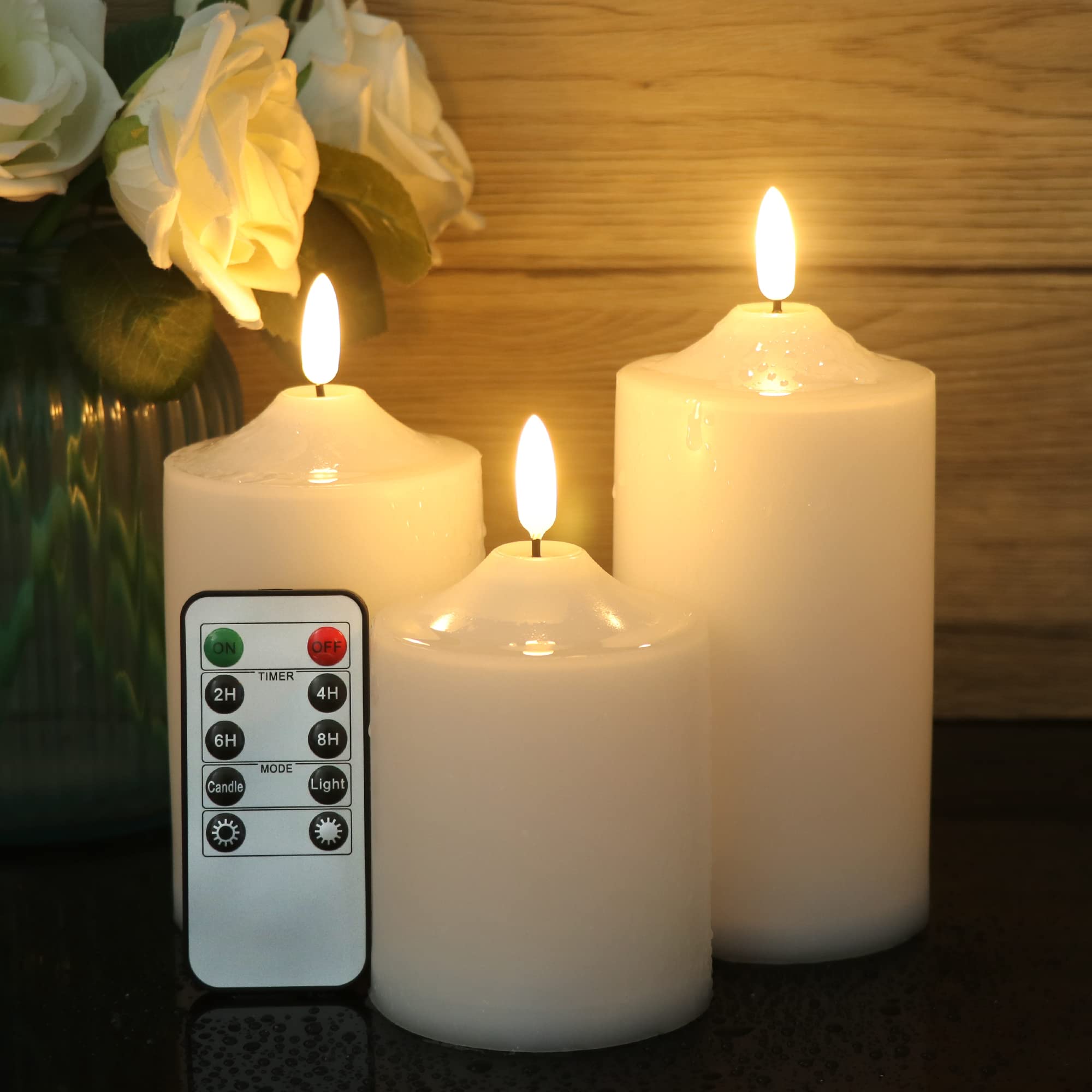 GenSwin Flickering Flameless Candles, Waterproof LED Candles with Remote and Timer,Battery Operated Pillar 3D Wick Candles for Indoor Outdoor Lanterns, Won’t melt, Long-Lasting(White, Set of 3)