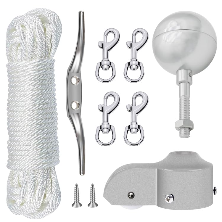 NQ Flagpole Hardware Repair Parts Kit-50 Feet Halyard Rope +3" Silver Ball+6" Zinc Alloy Cleat +4 PCS Metal Swivel Snap Clips+Aluminum Alloy Flagpole Truck with Nylon Pulley for 1.6"-2" Flag Poles Top