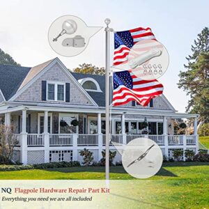 NQ Flagpole Hardware Repair Parts Kit-50 Feet Halyard Rope +3" Silver Ball+6" Zinc Alloy Cleat +4 PCS Metal Swivel Snap Clips+Aluminum Alloy Flagpole Truck with Nylon Pulley for 1.6"-2" Flag Poles Top