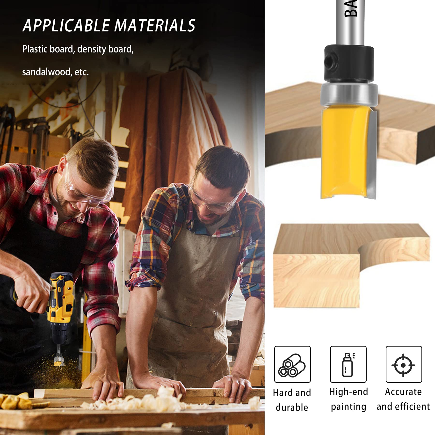 BAYTORY Professional Pattern Flush Trim Router Bit Set with 1/4 inch Shank, 4Pcs 1/2" Cutting Diameter Carbide Bits with Top Bearing Prevent Tear-Out, Template Guide Woodworking Milling Cutter Tool