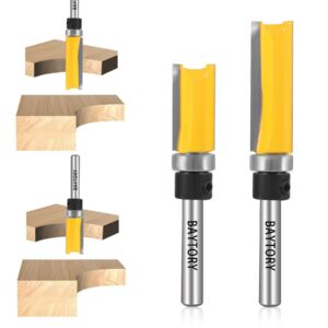 BAYTORY Professional Pattern Flush Trim Router Bit Set with 1/4 inch Shank, 4Pcs 1/2" Cutting Diameter Carbide Bits with Top Bearing Prevent Tear-Out, Template Guide Woodworking Milling Cutter Tool