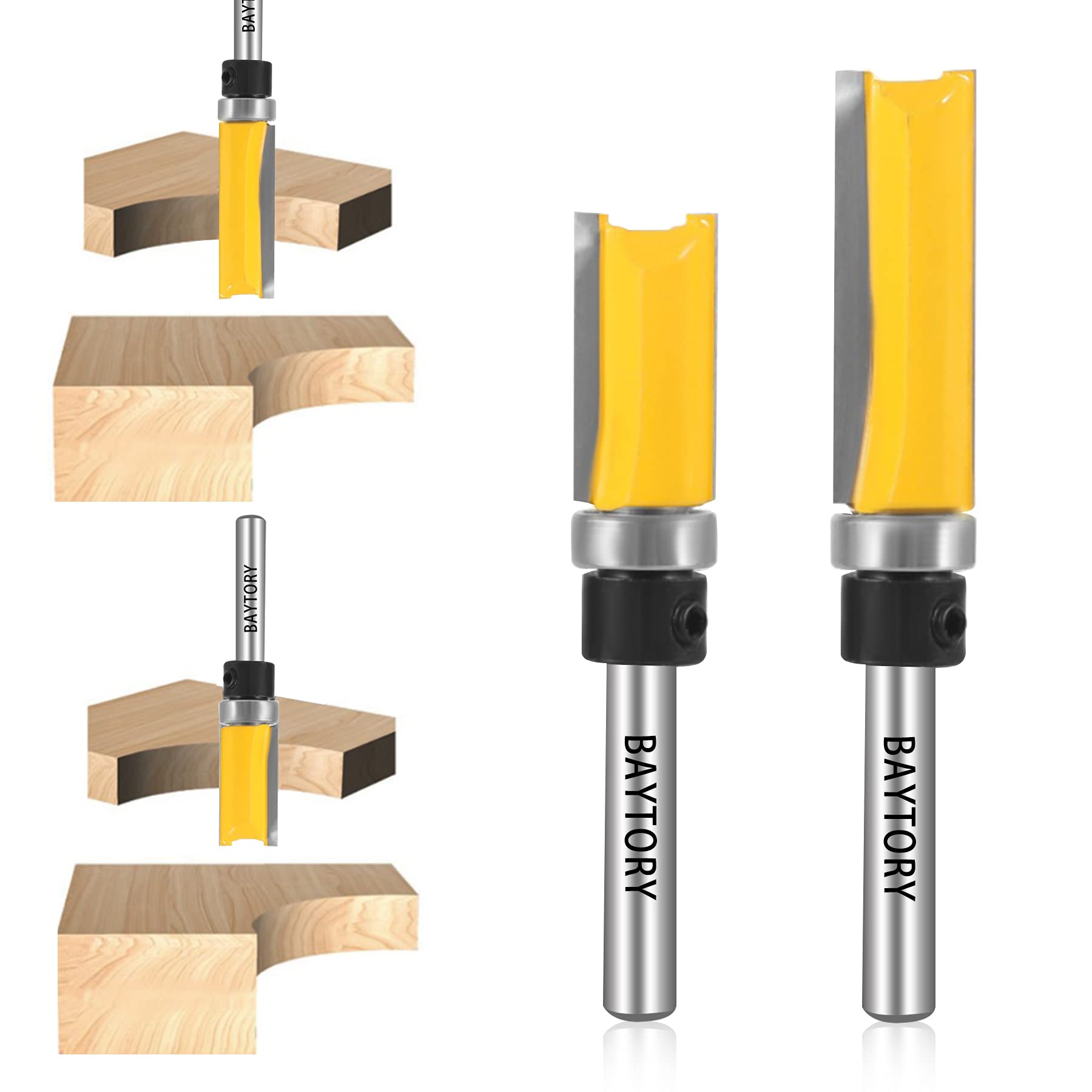 BAYTORY Professional Pattern Flush Trim Router Bit Set with 1/4 inch Shank, 4Pcs 1/2" Cutting Diameter Carbide Bits with Top Bearing Prevent Tear-Out, Template Guide Woodworking Milling Cutter Tool