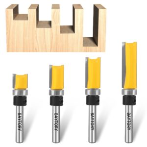 BAYTORY Professional Pattern Flush Trim Router Bit Set with 1/4 inch Shank, 4Pcs 1/2" Cutting Diameter Carbide Bits with Top Bearing Prevent Tear-Out, Template Guide Woodworking Milling Cutter Tool