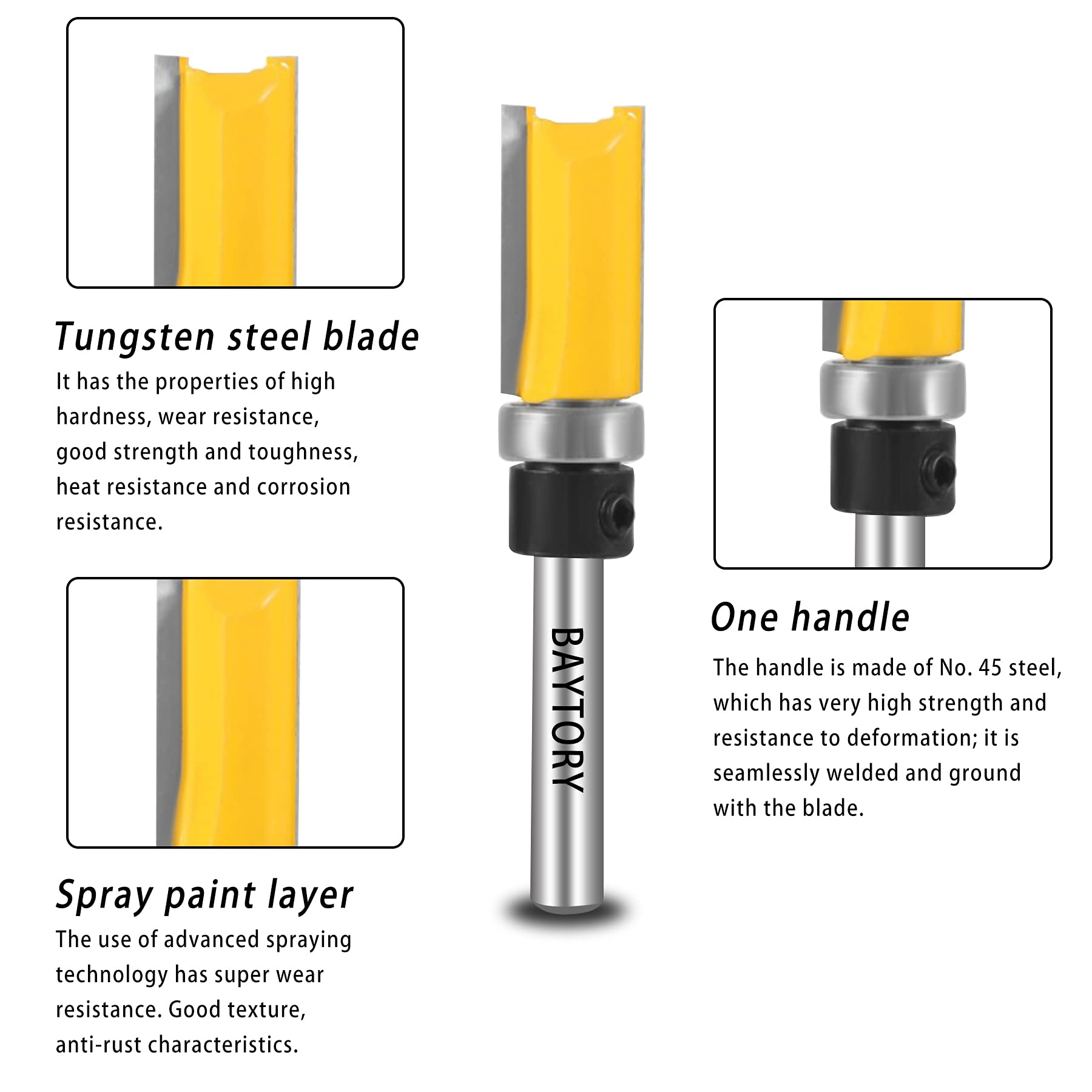 BAYTORY Professional Pattern Flush Trim Router Bit Set with 1/4 inch Shank, 4Pcs 1/2" Cutting Diameter Carbide Bits with Top Bearing Prevent Tear-Out, Template Guide Woodworking Milling Cutter Tool