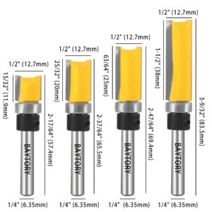 BAYTORY Professional Pattern Flush Trim Router Bit Set with 1/4 inch Shank, 4Pcs 1/2" Cutting Diameter Carbide Bits with Top Bearing Prevent Tear-Out, Template Guide Woodworking Milling Cutter Tool