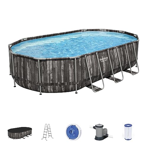 Bestway Power Steel 20' x 12' x 48" Oval Metal Frame Above Ground Outdoor Swimming Pool Set with 1500 GPH Filter Pump, Ladder, and Pool Cover