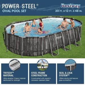 Bestway Power Steel 20' x 12' x 48" Oval Metal Frame Above Ground Outdoor Swimming Pool Set with 1500 GPH Filter Pump, Ladder, and Pool Cover