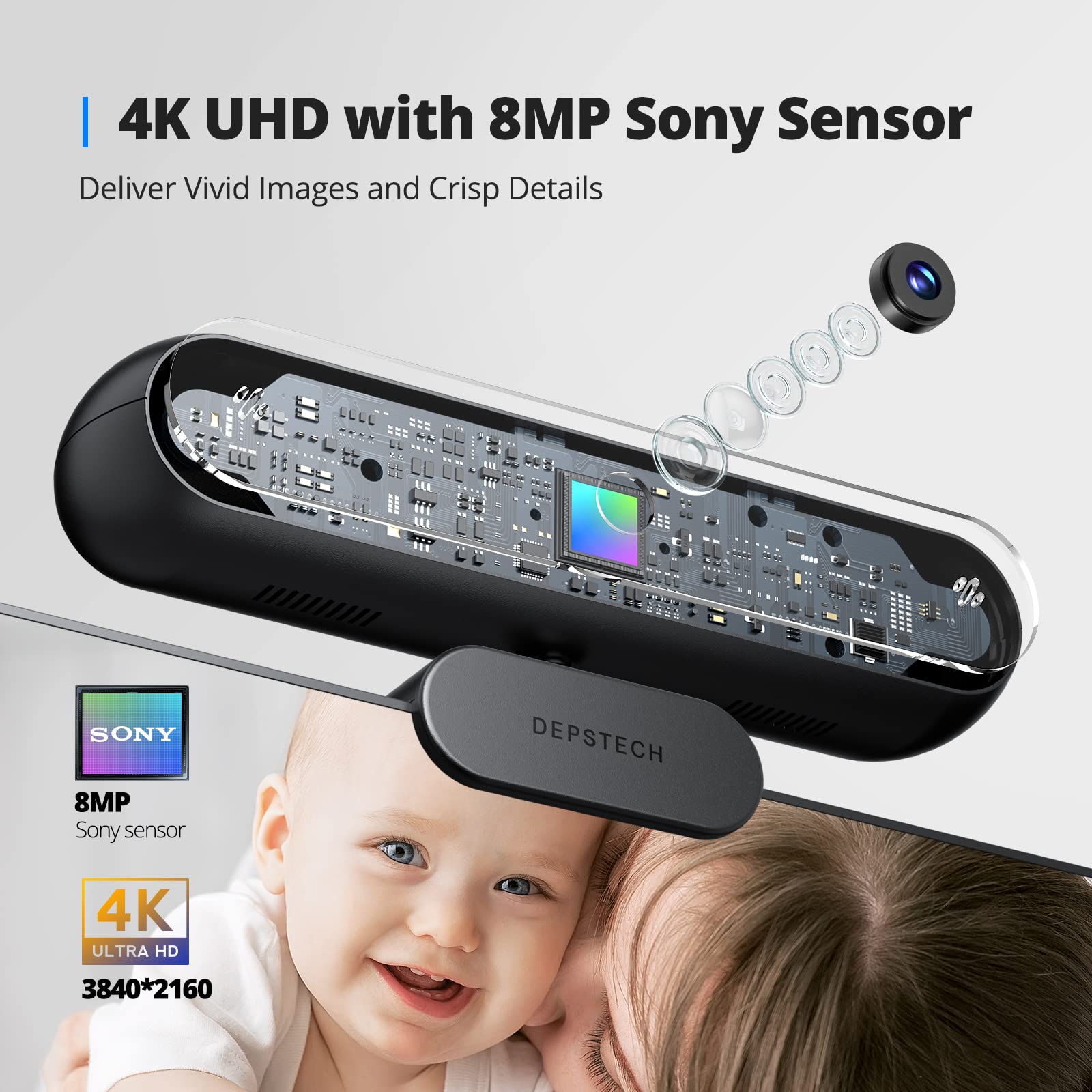 DEPSTECH 4K Webcam, DW40 Webcam with Microphone Autofocus HD Web Camera with Sony Sensor, Privacy Cover & Tripod, Plug and Play USB 8MP Camera Computer Streaming Webcam for Laptop PC/Video Call/Zoom