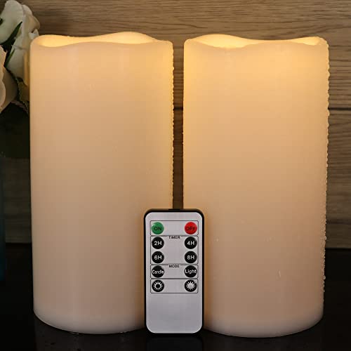 GenSwin 8” x 4” Waterproof Outdoor Flameless Candles Battery Operated with Remote Timer, Large Flickering LED Pillar Candles for Indoor Outdoor Lanterns, Won’t melt, Long-Lasting(White, Set of 2)