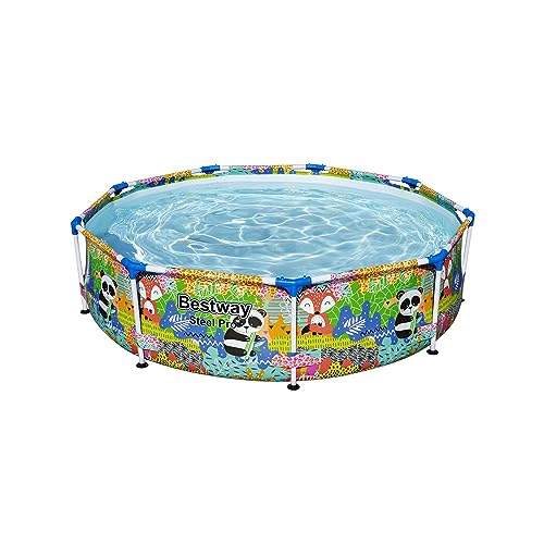 Bestway Steel Pro 9 Foot x 26 Inch Above Ground Round Outdoor Backyard Swimming Pool with 851 Gallon Water Capacity, Panda Jungle Print