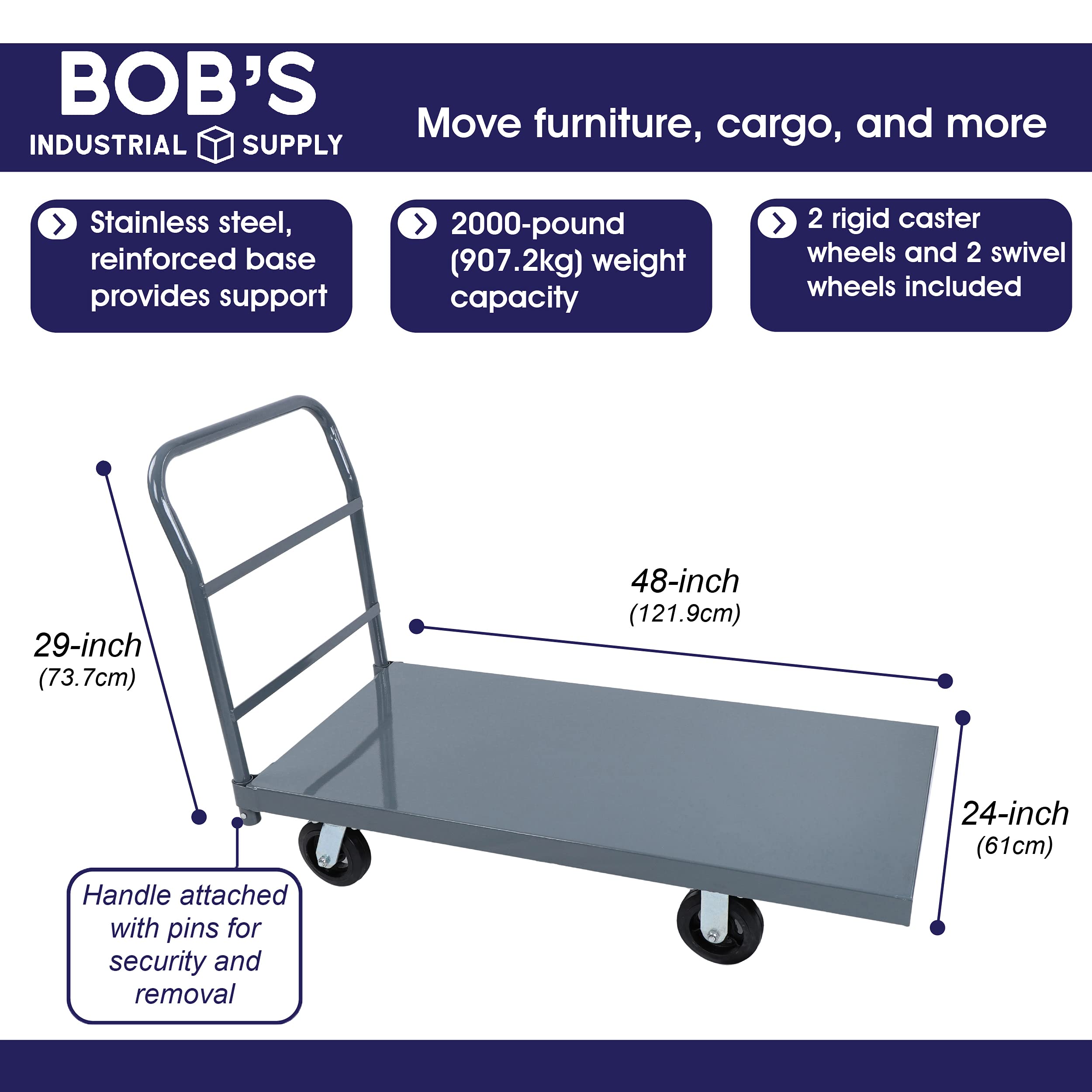 BISupply Flat Dolly Cart with Wheels Heavy Duty 24x48 Cart 1 Pack - 2000lb Capacity Flatbed Hand Truck