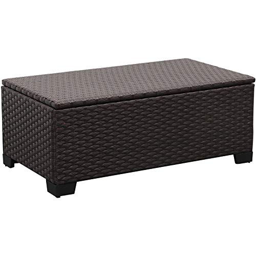 Outdoor Storage Table Wicker Patio Coffee Table All-Weather Rattan Side Table with Waterproof Cover, Brown