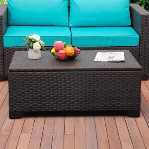 Outdoor Storage Table Wicker Patio Coffee Table All-Weather Rattan Side Table with Waterproof Cover, Brown