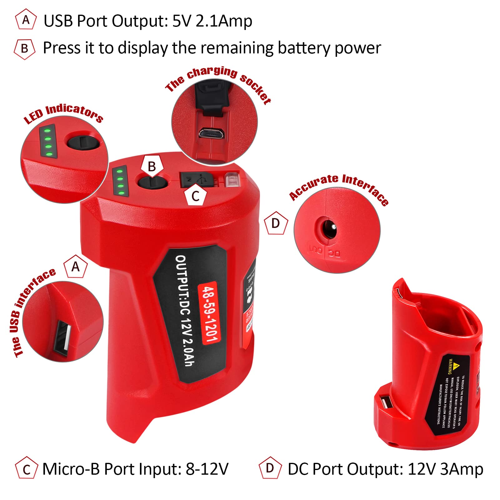 【Multi-Function】 CaliHutt 12V USB Power Charger Adapter Replacement for Milwaukee m12 12V Battery Adapter Milwaukee Heated Jacket 49-24-2310 48-59-1201 Compatible with 48-11-2420 48-11-2411 48-11-2401