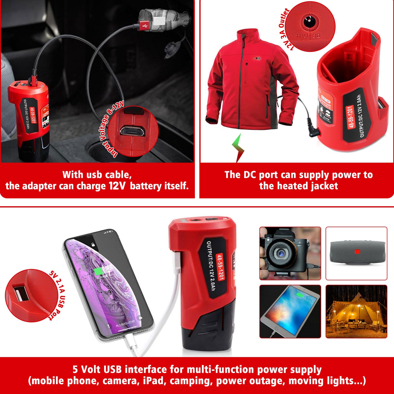 【Multi-Function】 CaliHutt 12V USB Power Charger Adapter Replacement for Milwaukee m12 12V Battery Adapter Milwaukee Heated Jacket 49-24-2310 48-59-1201 Compatible with 48-11-2420 48-11-2411 48-11-2401