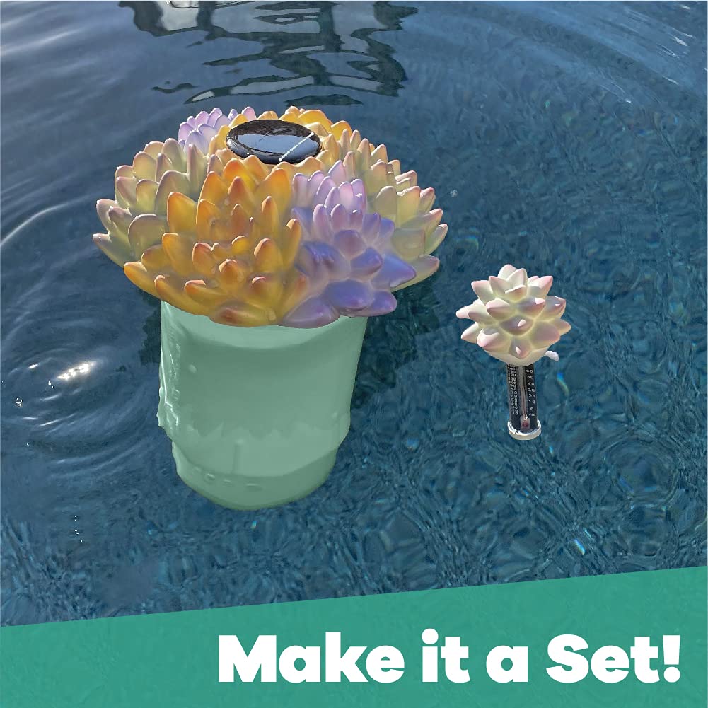 GAME 12043-BB, Solar Light Up Succulent, Holds 3"-Tablets. Chlorine Pool Dispenser, LED Light Sensor, Expandable Basket, Adjustable Flow, Green