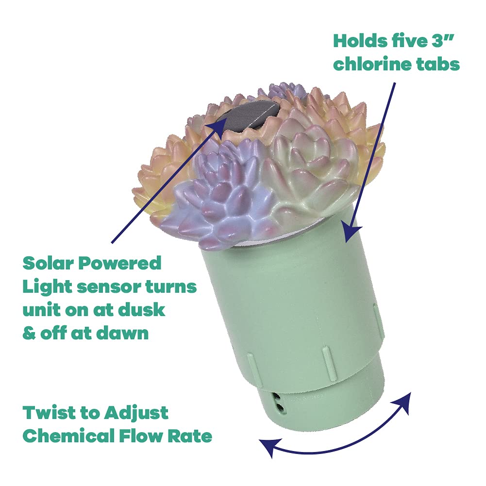 GAME 12043-BB, Solar Light Up Succulent, Holds 3"-Tablets. Chlorine Pool Dispenser, LED Light Sensor, Expandable Basket, Adjustable Flow, Green