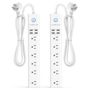 2 pack power strip surge protector flat plug - 6 widely spaced outlets 4 usb charging ports, 2100j/10a with 6ft long extension cord, overload surge protection, wall mount for home office