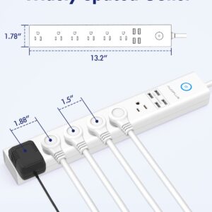 2 Pack Power Strip Surge Protector Flat Plug - 6 Widely Spaced Outlets 4 USB Charging Ports, 2100J/10A with 6Ft Long Extension Cord, Overload Surge Protection, Wall Mount for Home Office